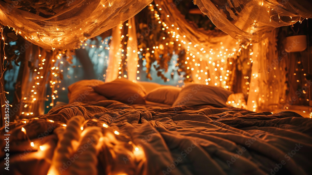 Sleeping in a Canopy of Lights: A bed surrounded by a canopy of fairy ...