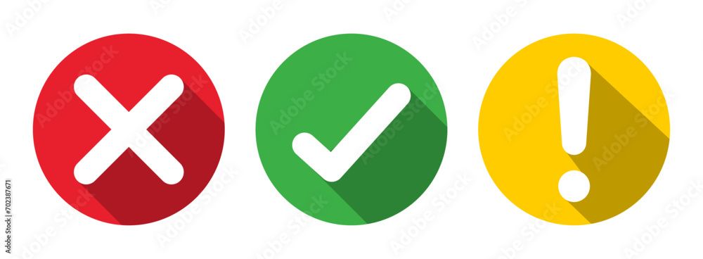 Right, Wrong, Exclamation mark color. Vector set of flat round check mark, X mark icons ...