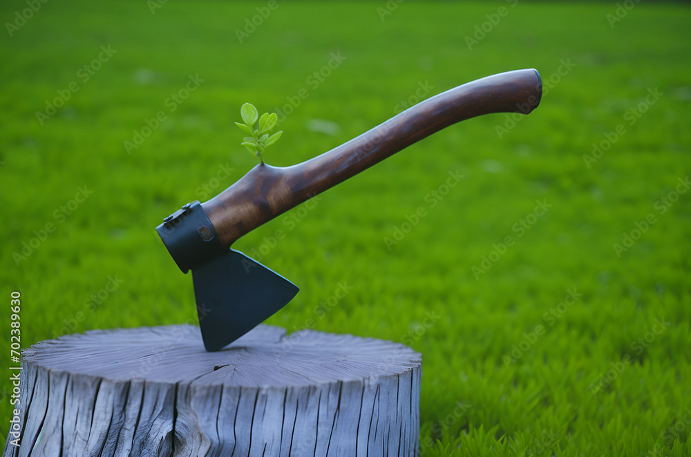 Fototapeta Axe embedded in ancient tree stump, cradling new life as a ...