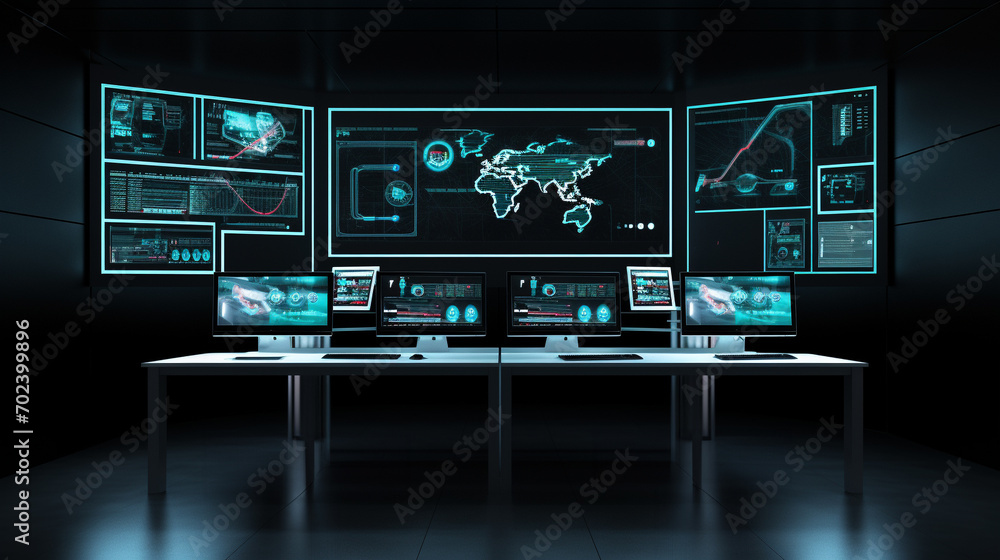 cybersecurity command center with multiple screens and digital data ...