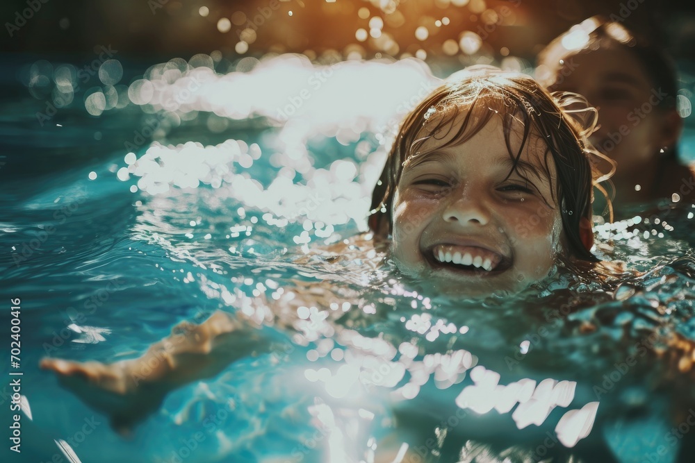 A joyful child's beaming face emerges from the glistening pool water ...