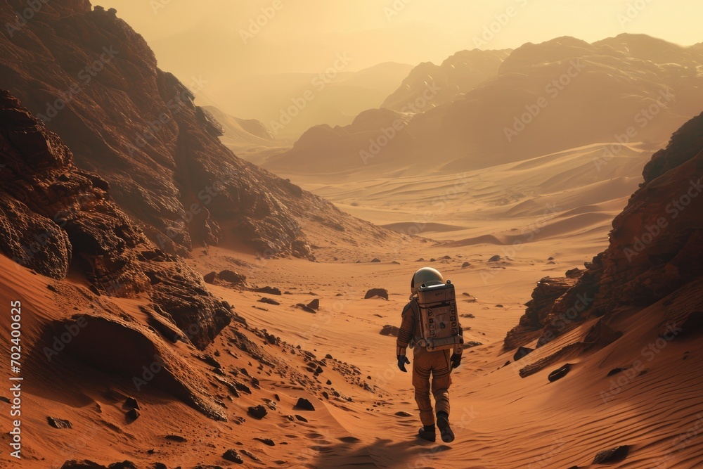 A lone hiker traverses the rugged terrain of a desert landscape, gazing ...