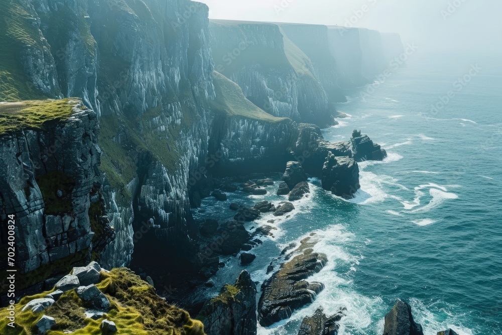 A majestic landscape of nature's erosion, where the rocky cliff meets ...