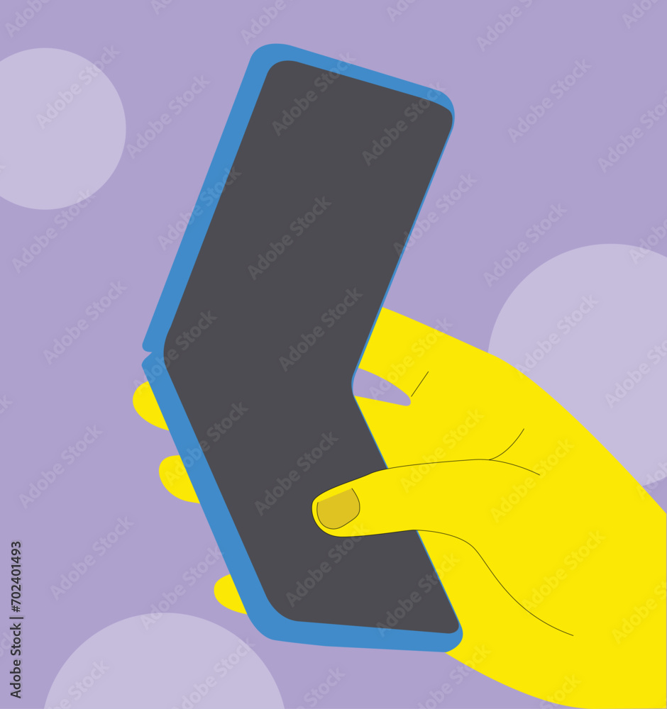 Hand holding and using flip phone with white blank screen icon set ...