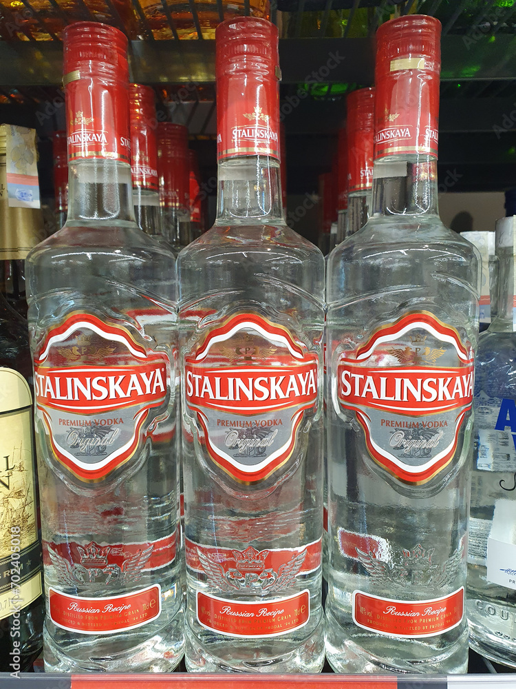 BUCHAREST, ROMANIA - JANUARY 01, 2023. Stalinskaya Vodka in a store ...
