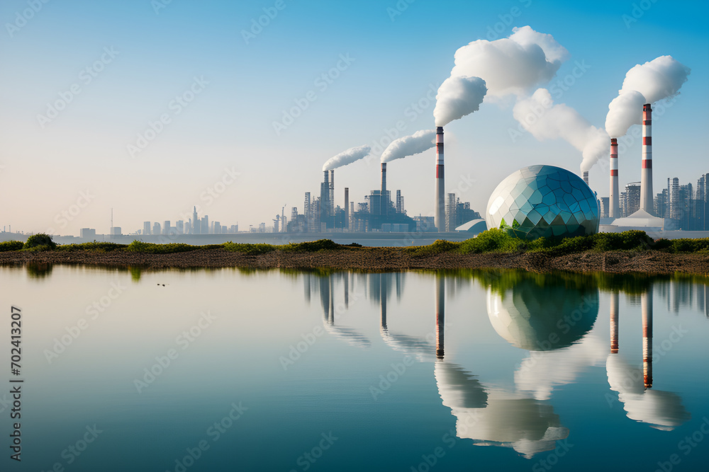 minimalism, ecology. pollution of the globe. Factories with smoking ...