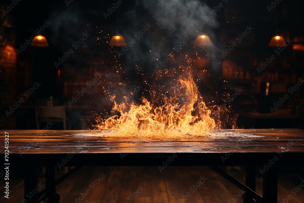 Wooden table with Fire burning at the edge of the table, fire particles ...