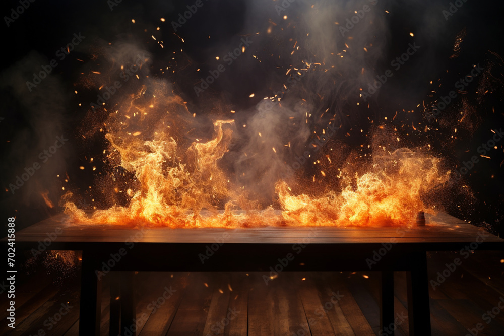 Wooden table with Fire burning at the edge of the table, fire particles ...
