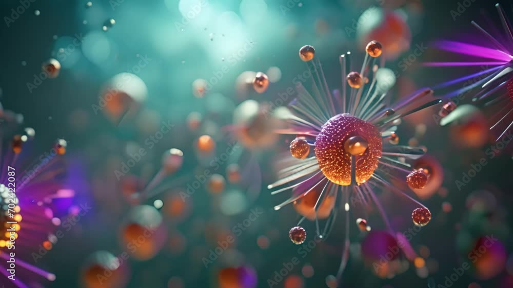 Virus Cells flowing concept. Close-up of dissolving virus under ...