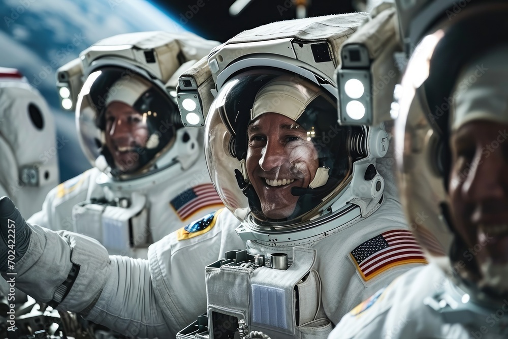 A team of brave astronauts float in the vastness of space, their ...