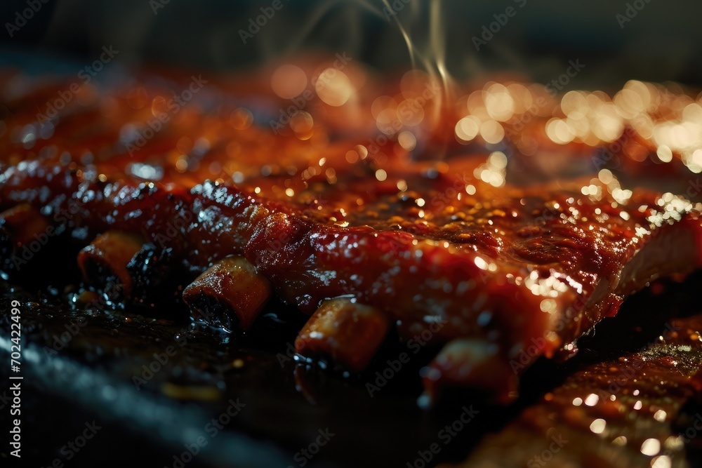 A sizzling plate of mouth-watering spare ribs grilling over a barbecue ...