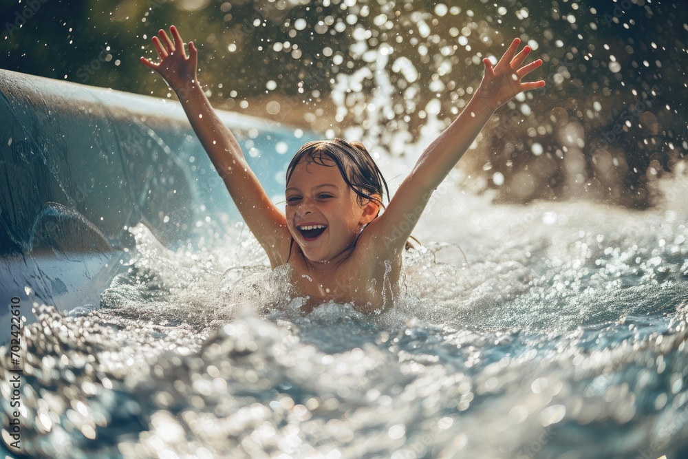 Captivated by the thrill of the water, a young swimmer rides the waves ...