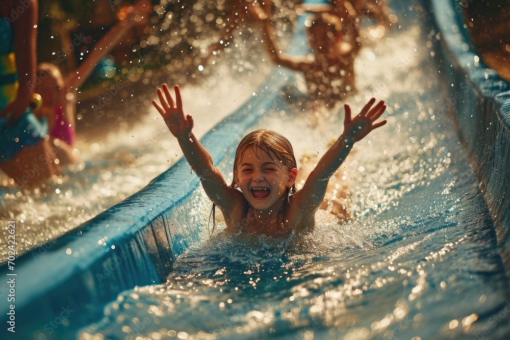 A young girl's face beams with joy as she speeds down a thrilling water ...
