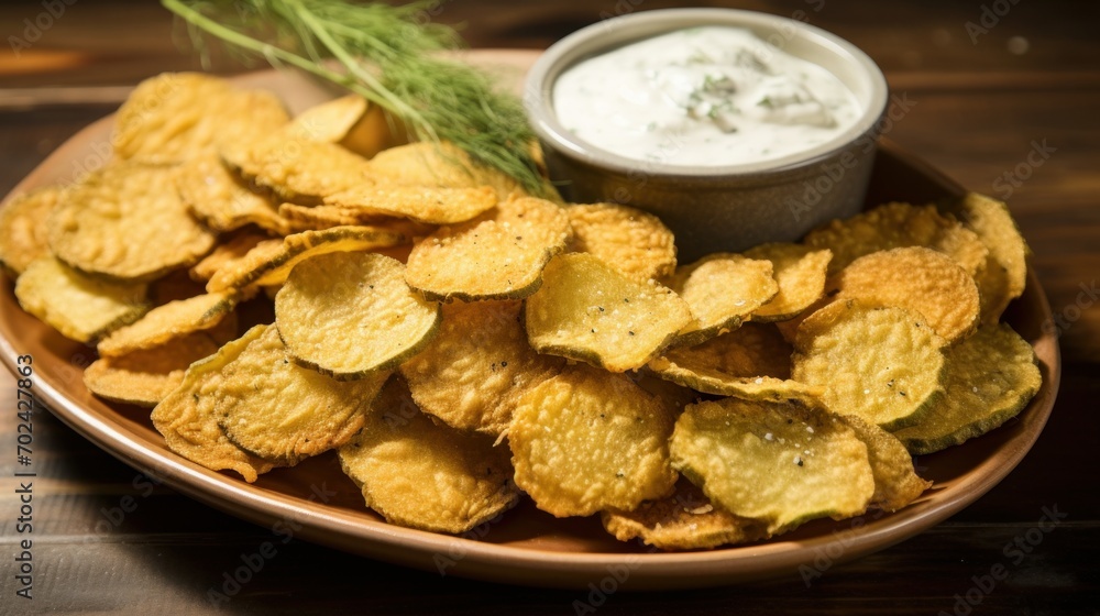 Crispy and greasy fried dill pickle chips with a seasoned coating and a ...