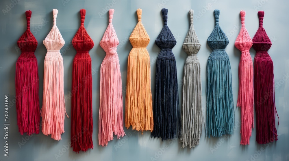 Yarn tassels hanging from a woven wall hanging, adding texture and ...