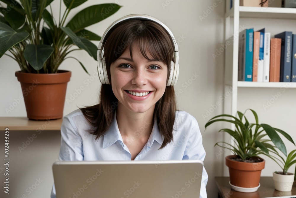 an attractive young girl on webcam on virtual meeting live talking to ...