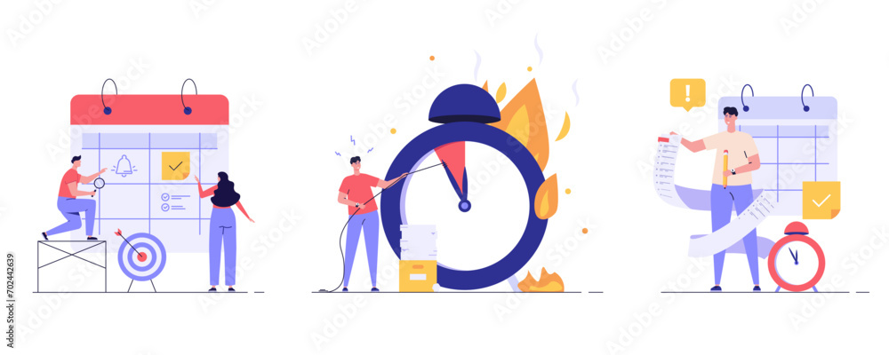 Planning schedule, deadline event and calendar set. People with ...