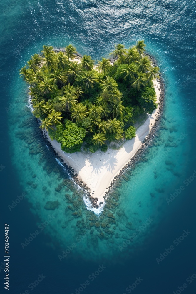 vertical image of secluded tropical paradise island in heart shape ...
