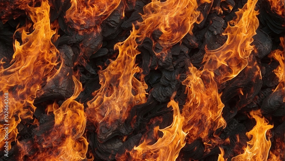 Luminous orange flames engulf charcoal briquettes, creating a vivid and ...