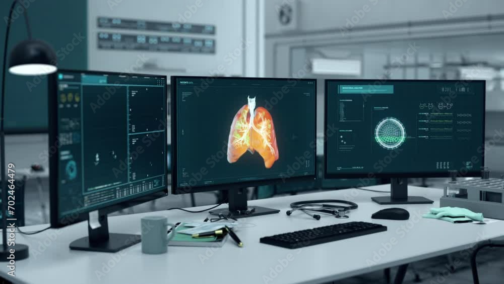 Respiratory illness analysis software is shown on computer screens ...
