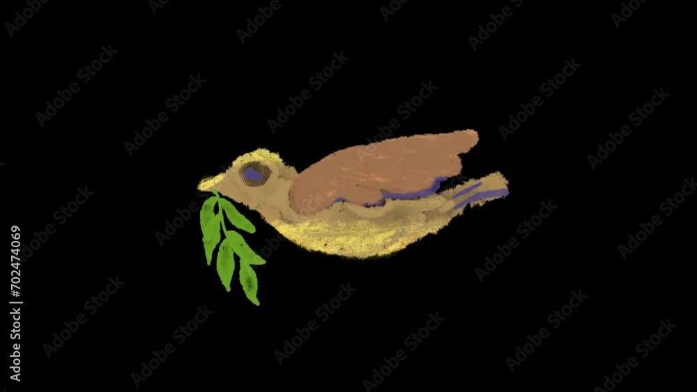 Hand drawn animation of flying bird bringing olive leaves in beak ...
