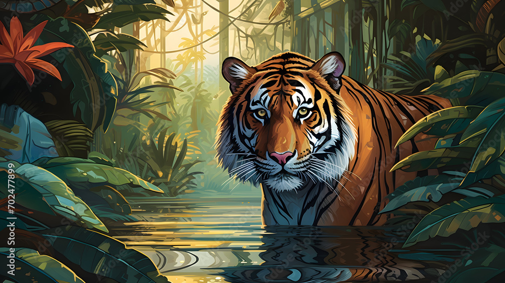 Tiger in tropical rainforests, illustrated background, animal ...