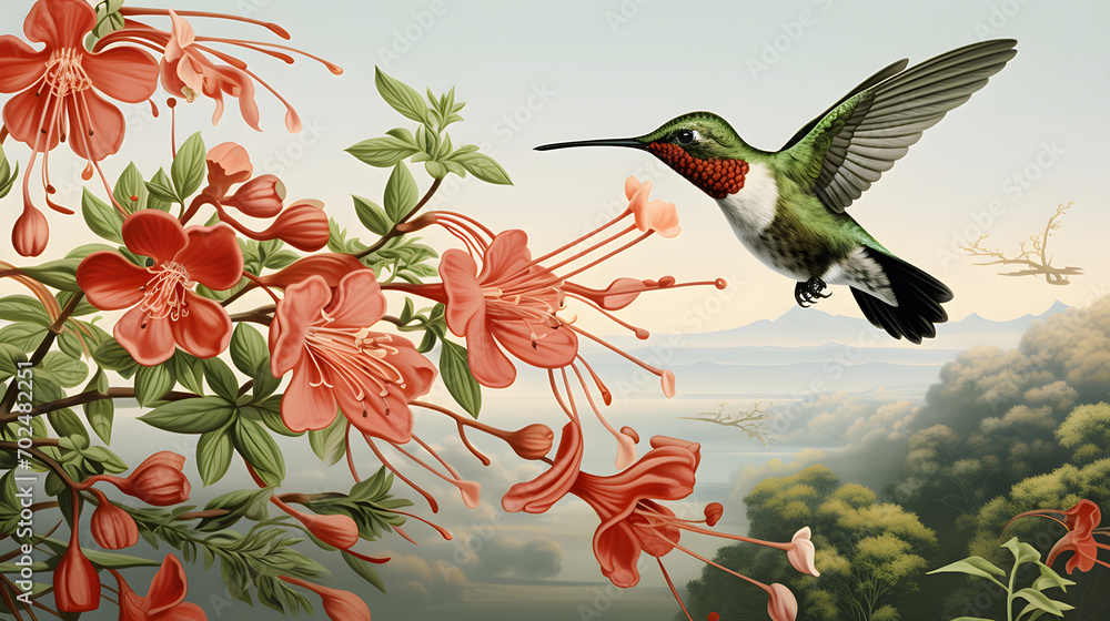 Hummingbird in tropical and temperate regions, illustrated background ...