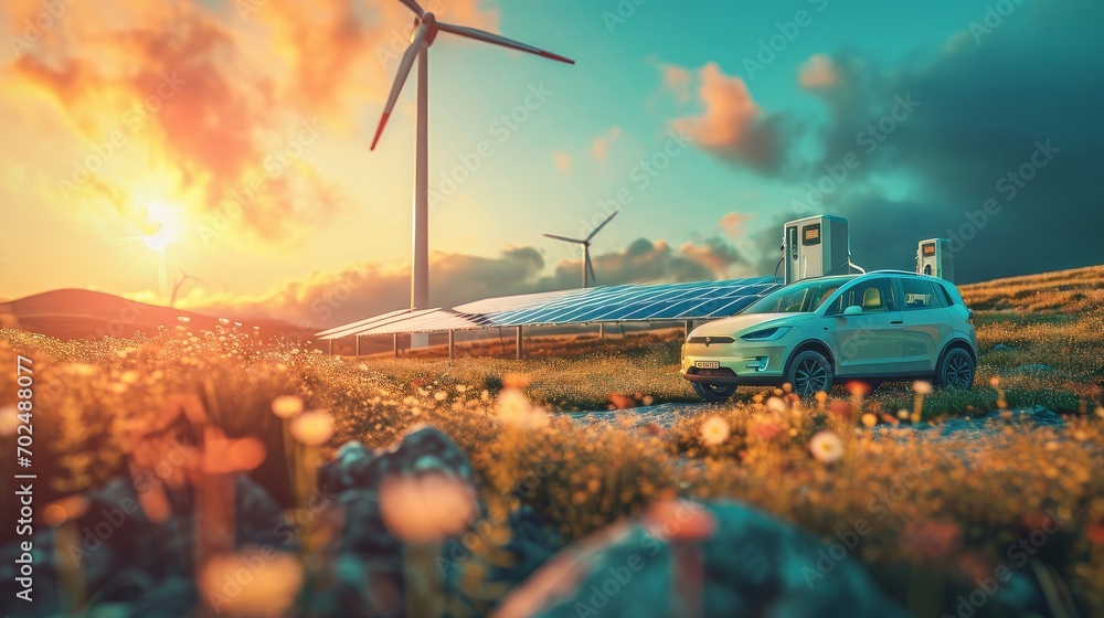 Using of charge station, solar panel and windmill background ...