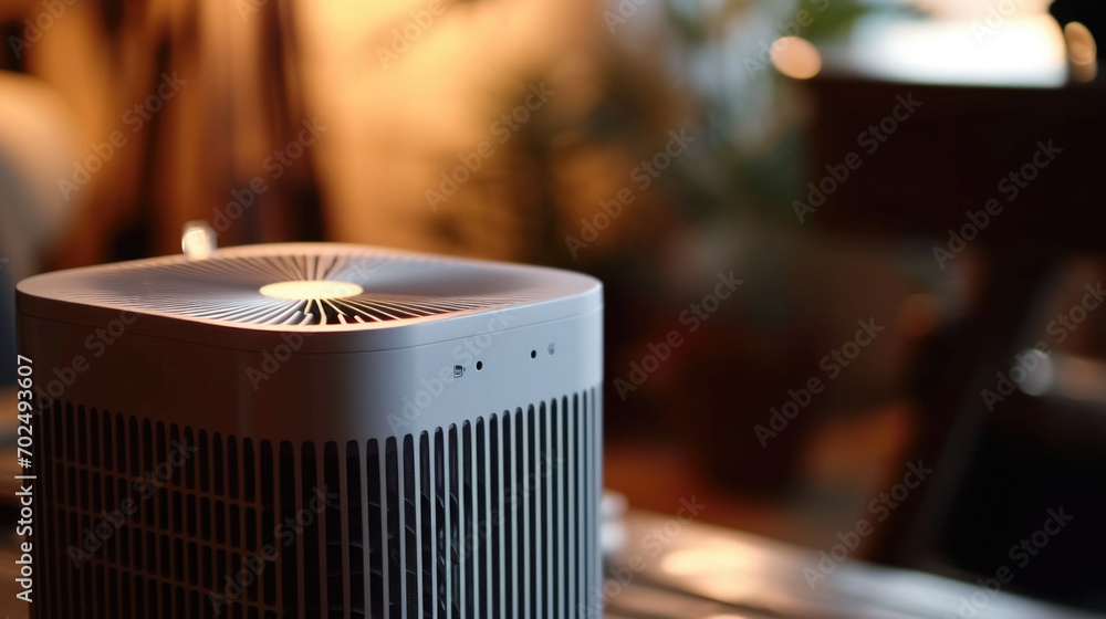 An air purifier sitting on top of a table. Useful for creating a clean ...