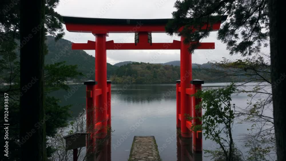 Hakone, Japan, flying through iconic torii gate on Lake Ashi. Hakone ...