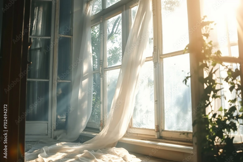 wind blows through the open window in the room. Waving white tulle near ...