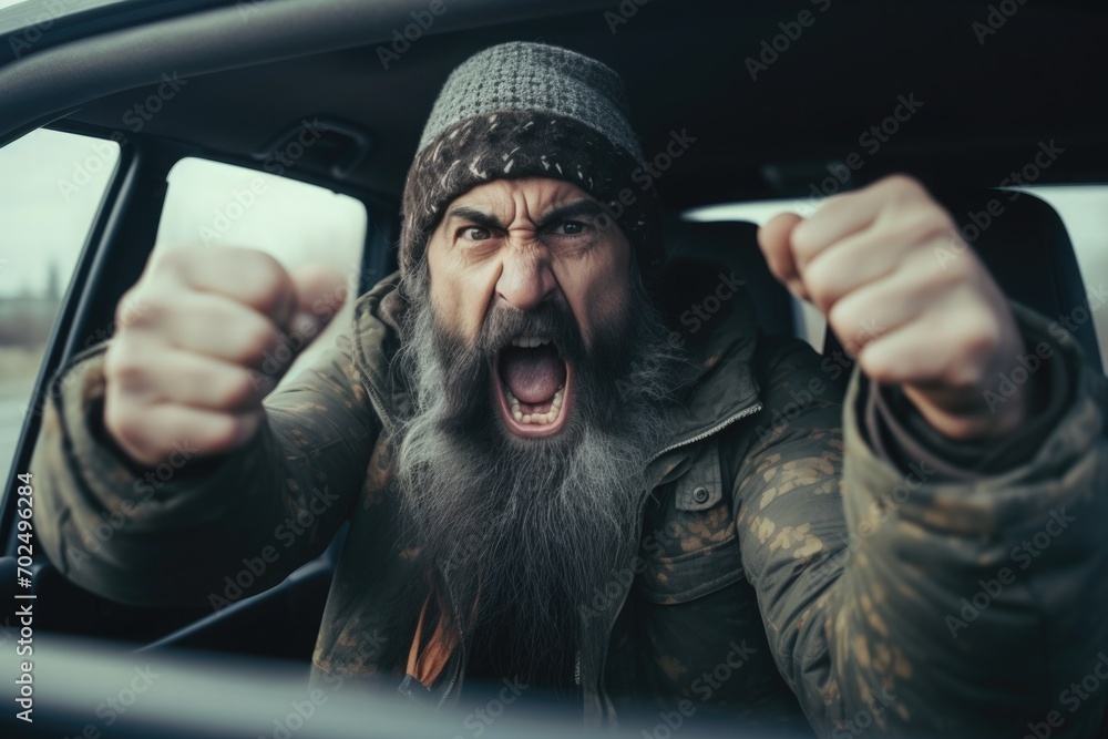 Angry man driving a vehicle. the man screams and swears. aggression and ...