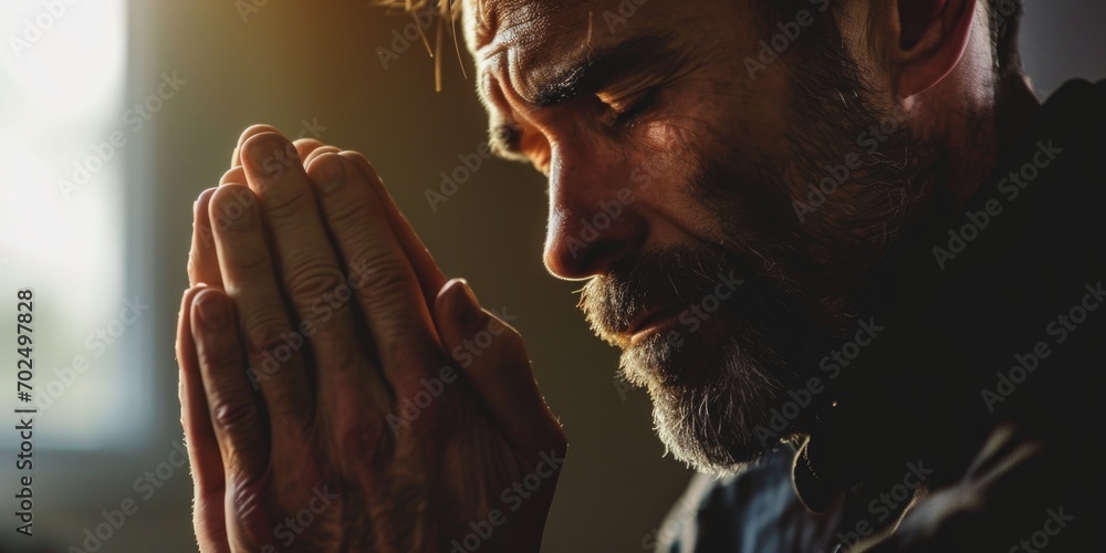 A man with a beard is captured in the act of praying. This image can be ...