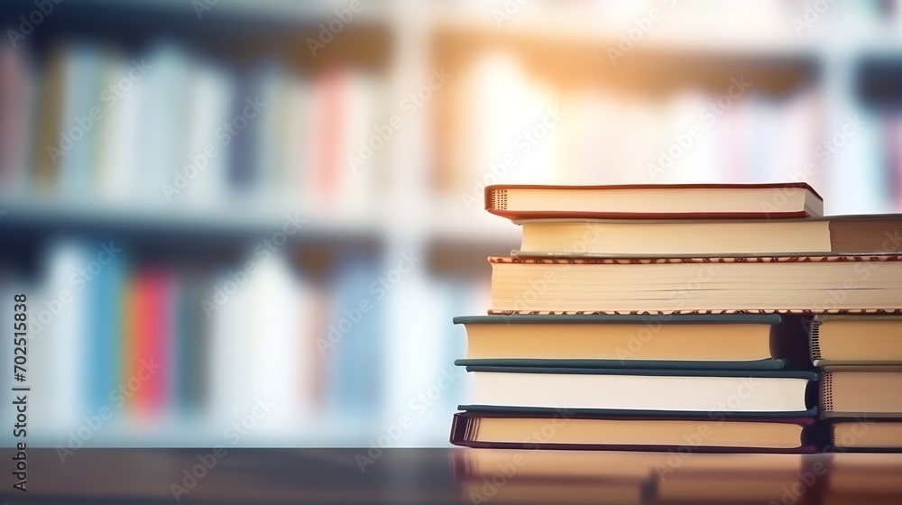 Book stack in the library room and blurred bookshelf for business and ...
