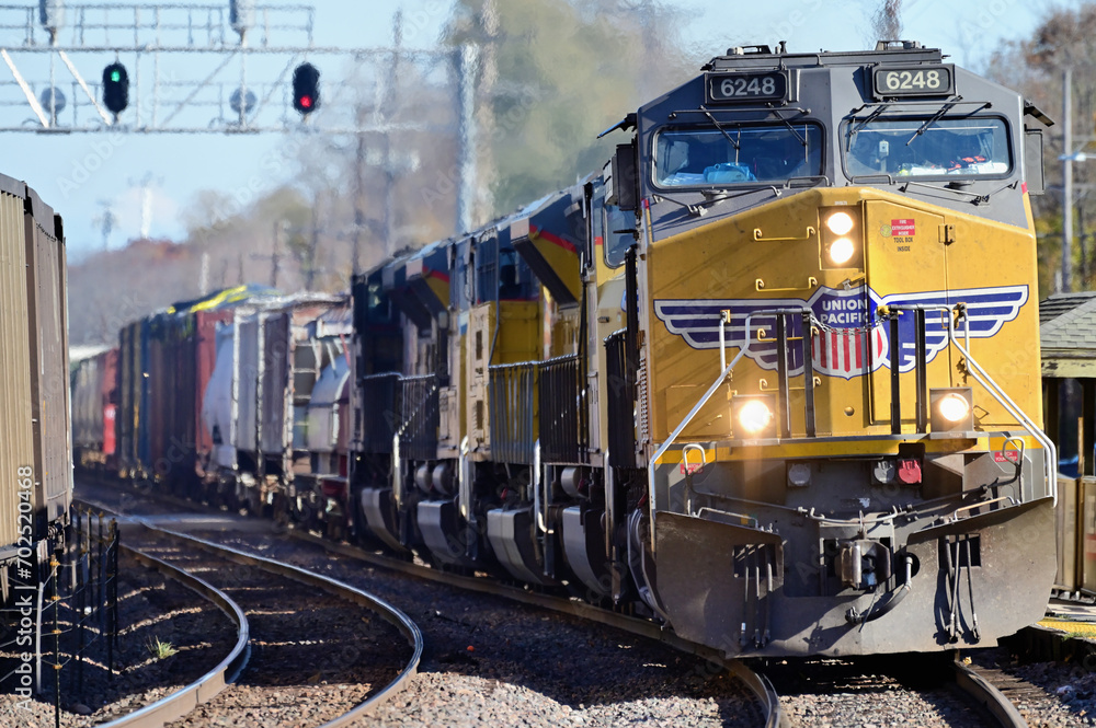 Eastbound and westbound Union Pacific Railroad freight trains passing ...