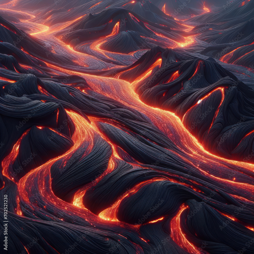 Apocalyptic volcanic landscape, hot flowing lava, smoke and ash clouds ...