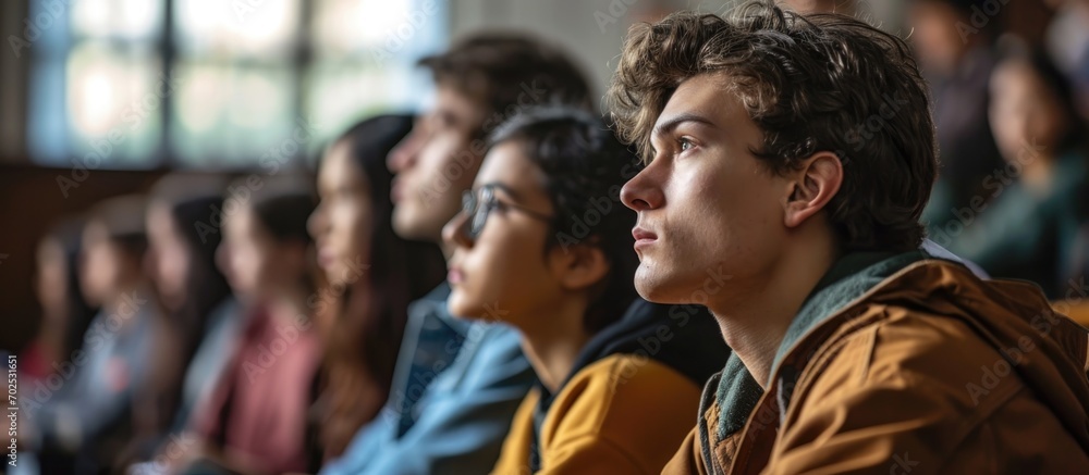 Fatigued and unenthused grown-up learners seated during a class Stock ...