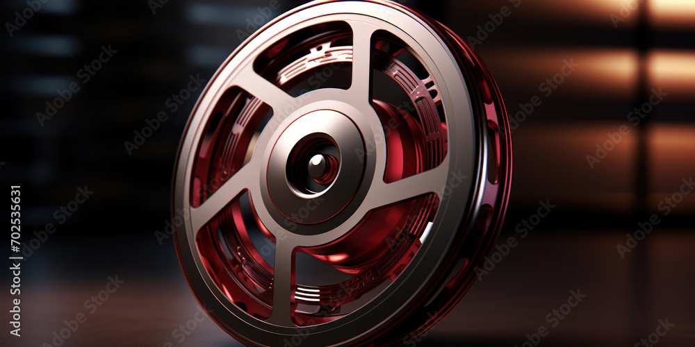 Matte burgundy movie spool with silver accents, casting a vintage film ...
