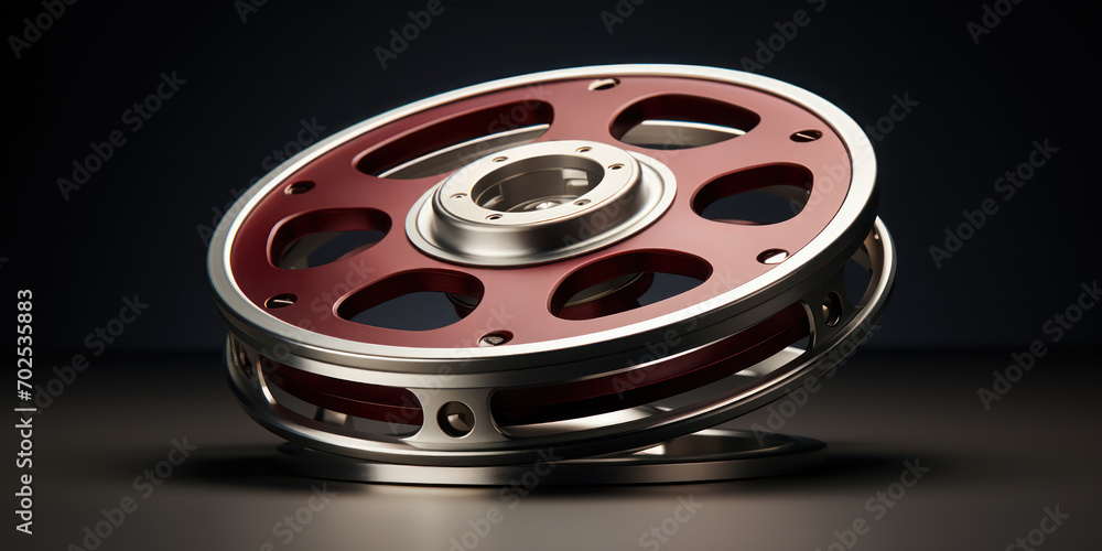 Matte burgundy movie spool with silver accents, casting a vintage film ...