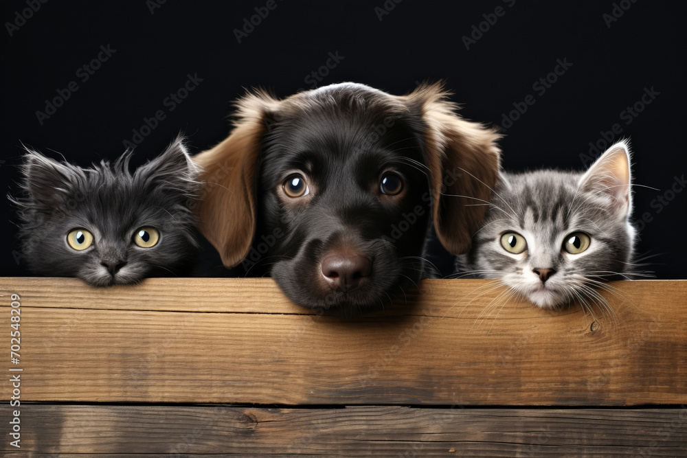 Cute dogs and cats peek over web banner. AI Generative forms a friendly ...