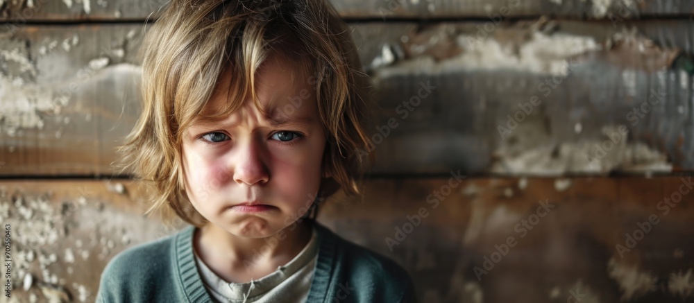 Child exhibiting negative emotions, in a dejected posture, unhappy ...