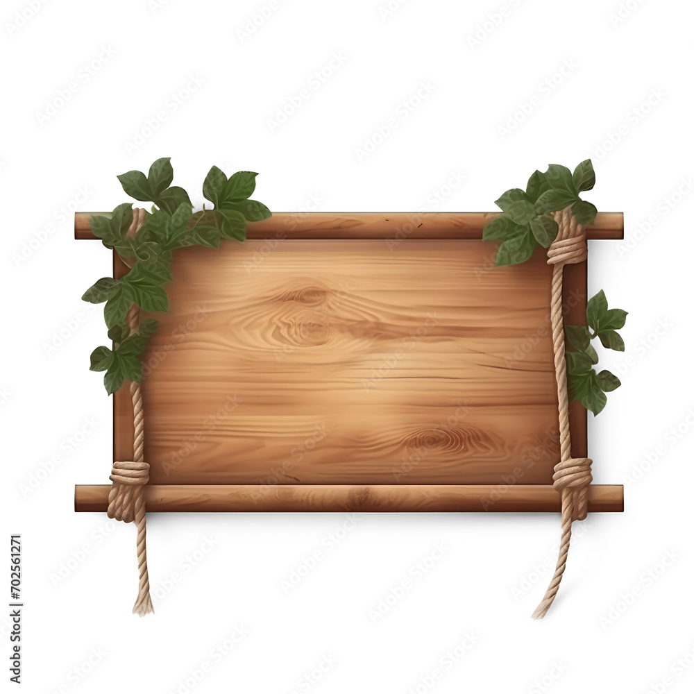 Wood board with rope and vines and green leaf on isolate transparency ...