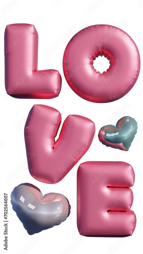 The vertical pink 3D illustration inflated text "LOVE" with glittery ...