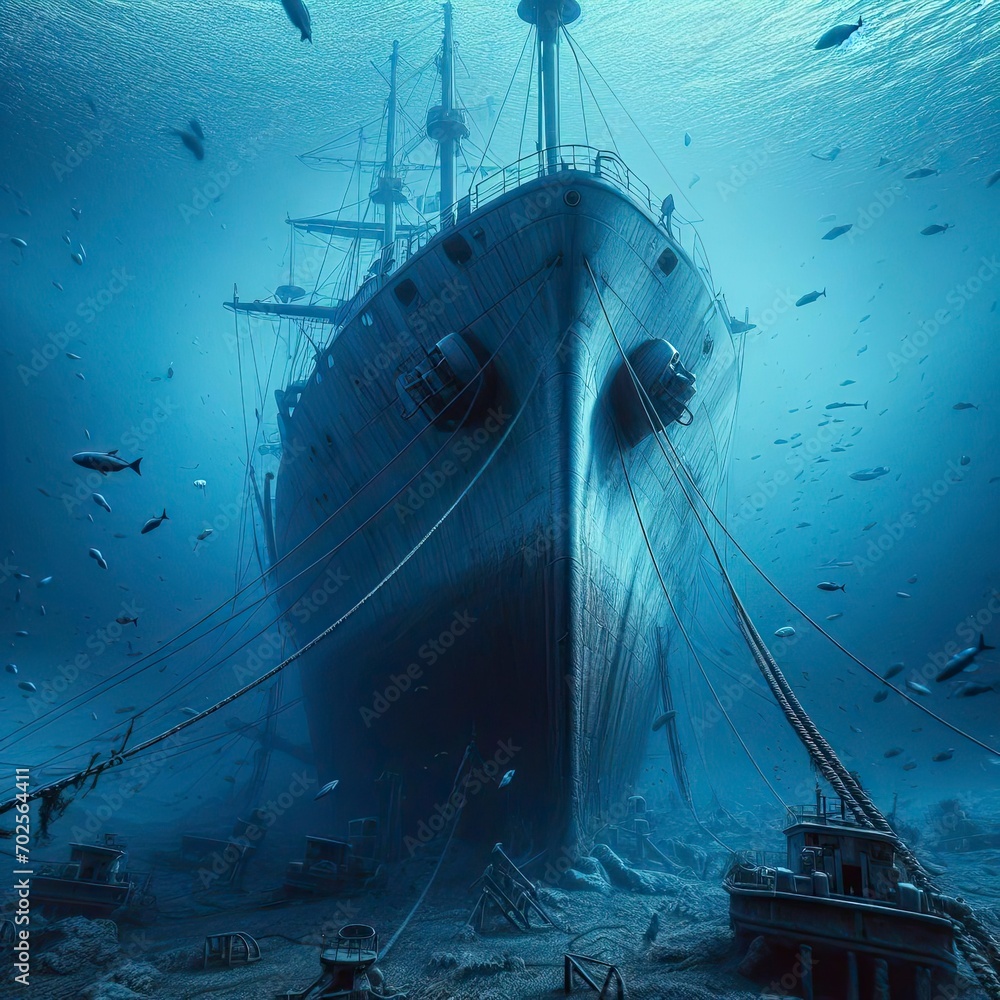 Ancient sunken destroyed ship wreck under water accident bermuda triangle anchored ship with ...