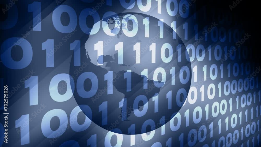 Cyber crime lines of binary code and rotating world reveal dangerous cyber attack on artificial ...