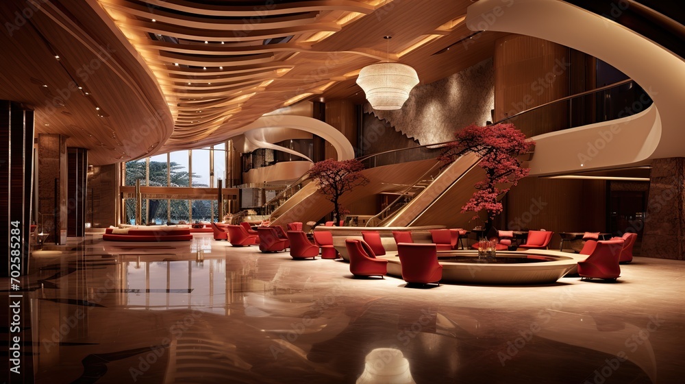 The lobby of the resort hotel has a red sandstone wall as the ...