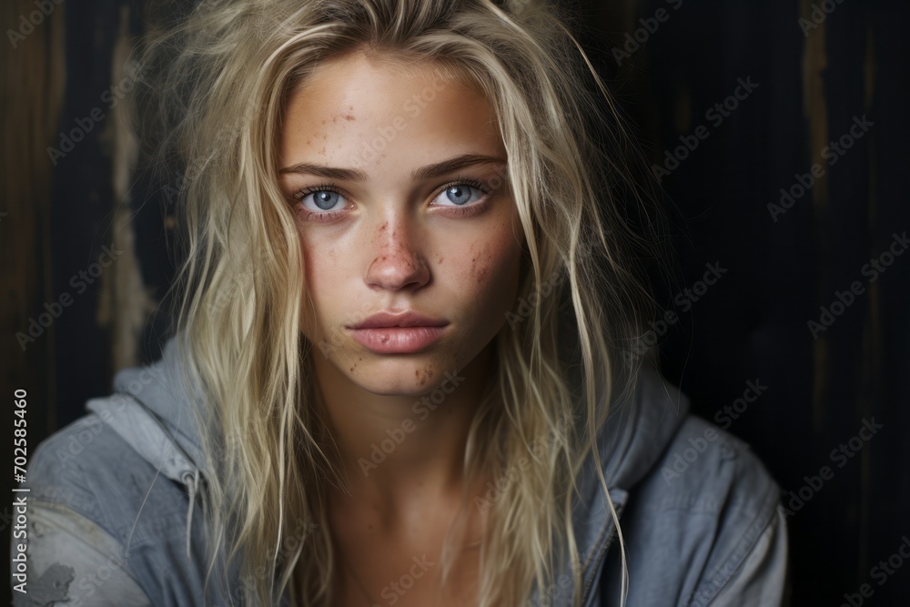 girl with blue eyes, sad look, strong emotional impact. girl is on the ...