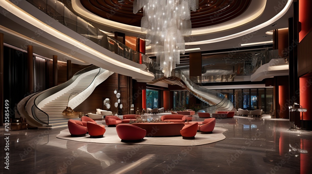 The lobby of the resort hotel has a red sandstone wall as the ...