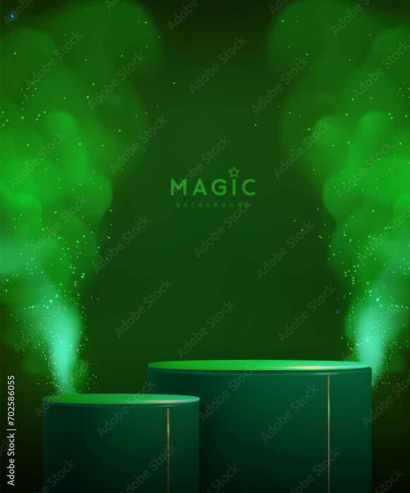 Magic green showcase background with 3d podium and green fog or steam ...