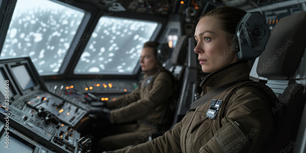 Female pilot in a thick uniform sits beside her co-pilot in the cockpit ...